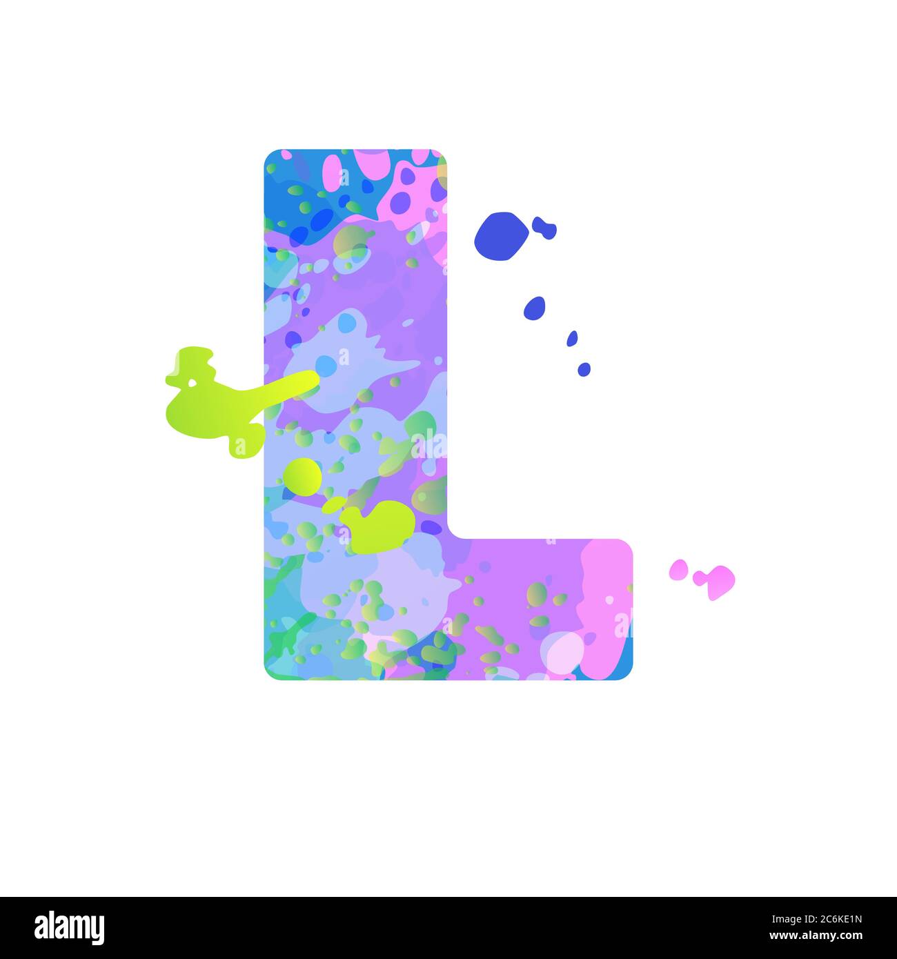 Bold letter L with effect of liquid spots of paint in blue, green, pink ...