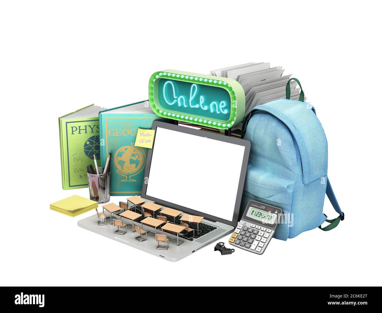 online education concept Blue backpack with school supplies and empty ...