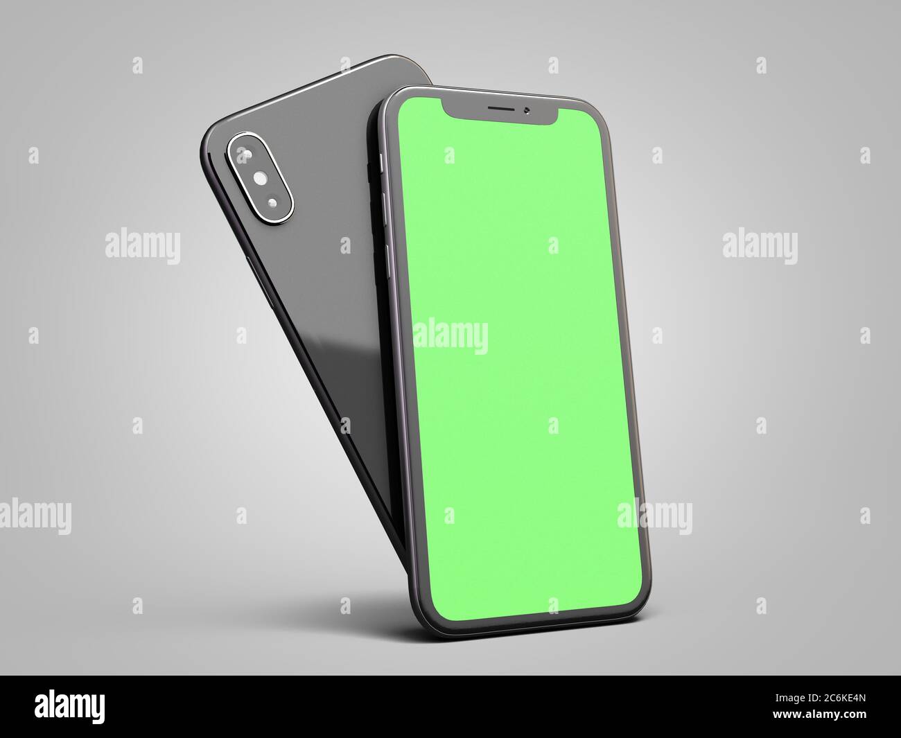 modern smart phone with blank green screen 3d render on a grey gradient ...