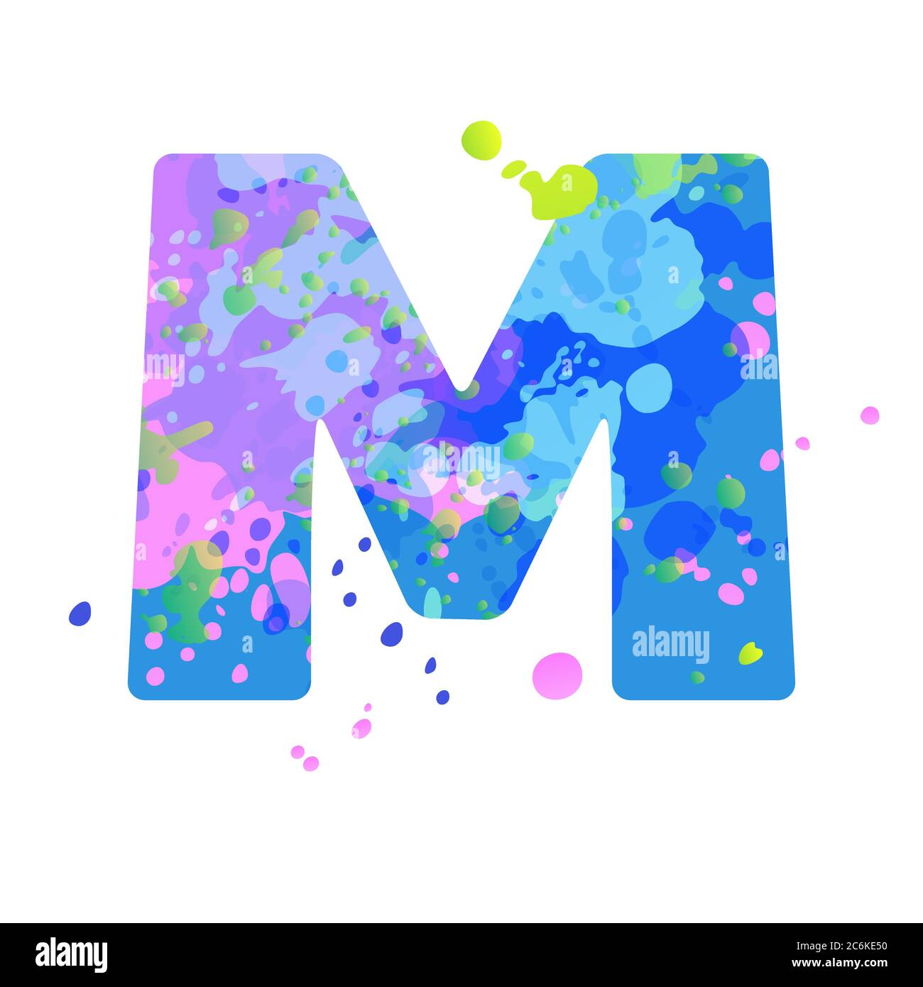Bold letter M with effect of liquid spots of paint in blue, green, pink ...