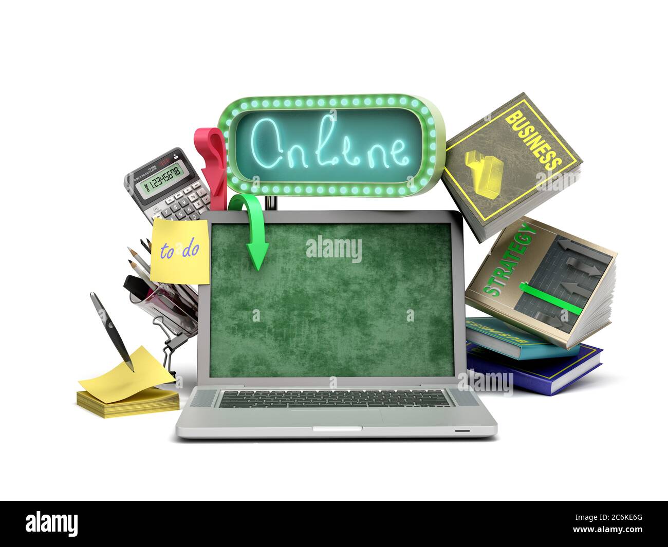 online business training concept emty screen laptop with books and ...