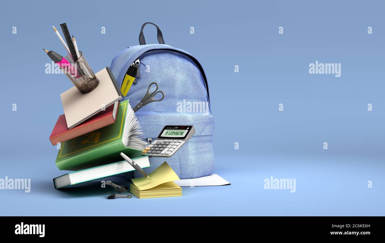 online learning concept Blue backpack with school supplies 3d render on ...