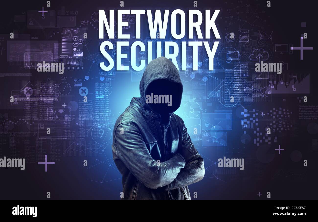 Faceless man with NETWORK SECURITY inscription, online security concept ...