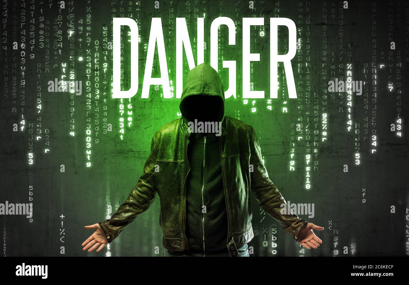 Faceless hacker with DANGER inscription, hacking concept Stock Photo ...