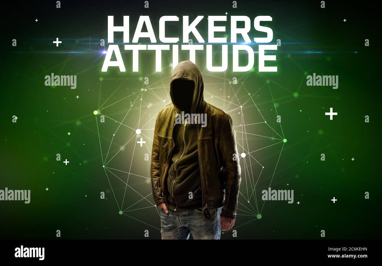 Mysterious hacker with HACKERS ATTITUDE inscription, online attack concept inscription, online ...