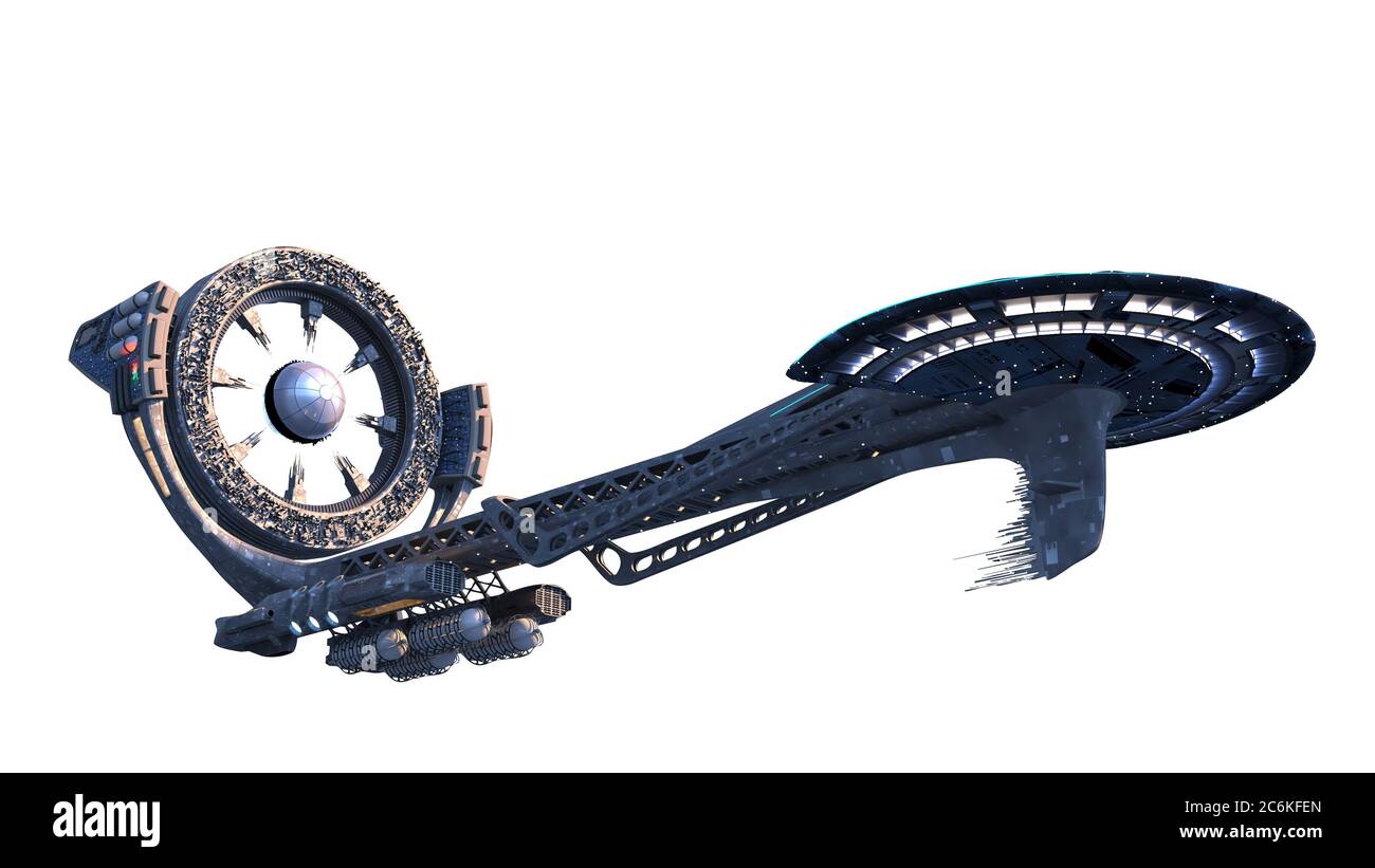 Futuristic spaceship with a power source wheel structure, with the ...