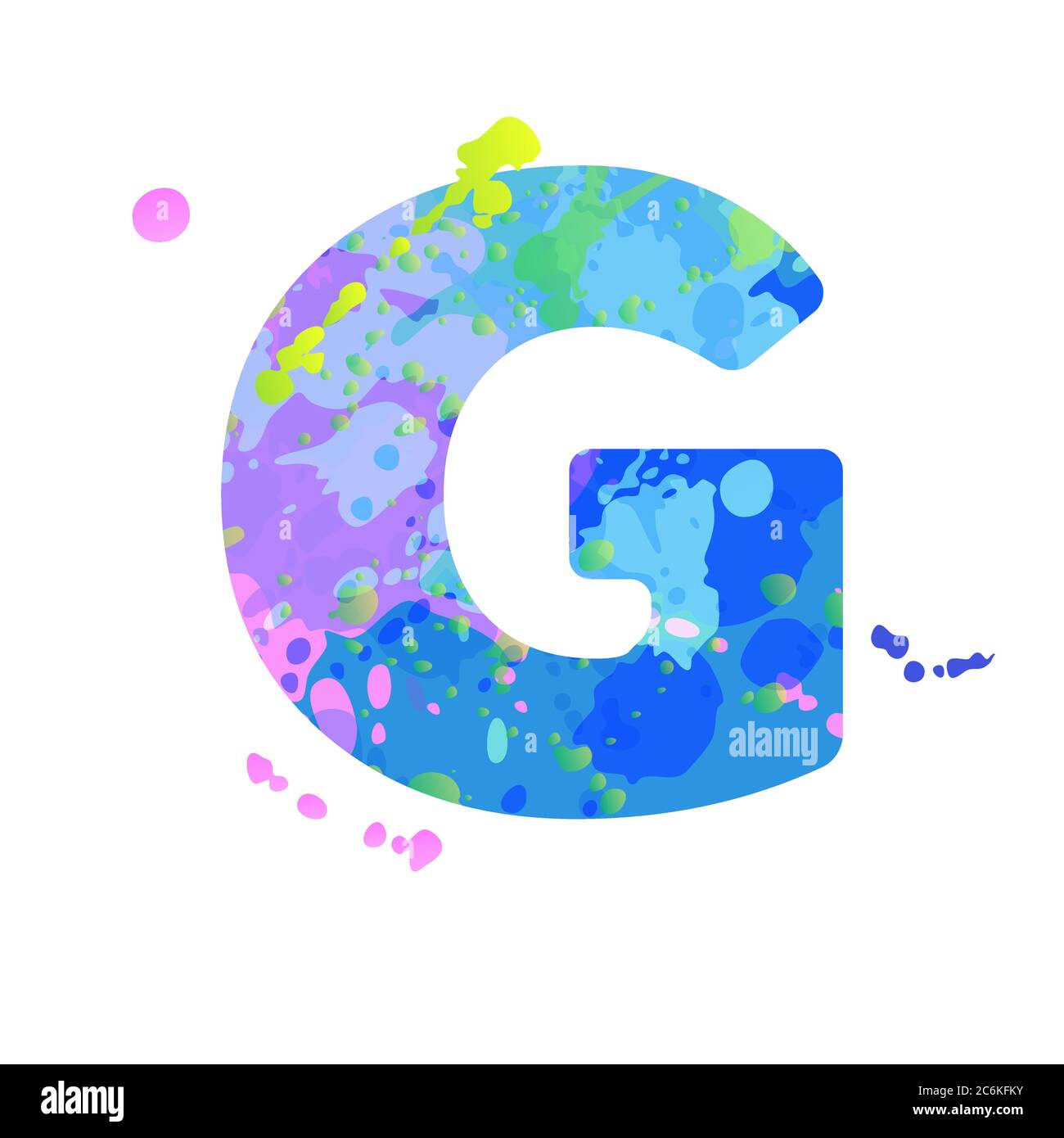 Bold letter G with effect of liquid spots of paint in blue, green, pink ...
