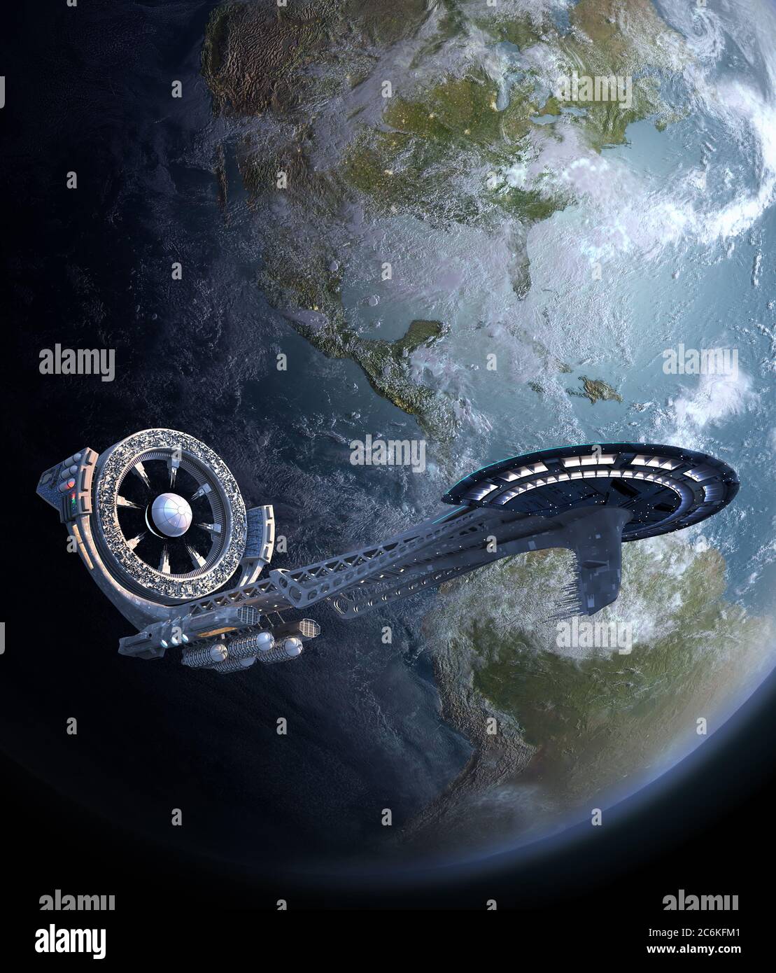 Futuristic spaceship 3D illustration with a power source wheel ...