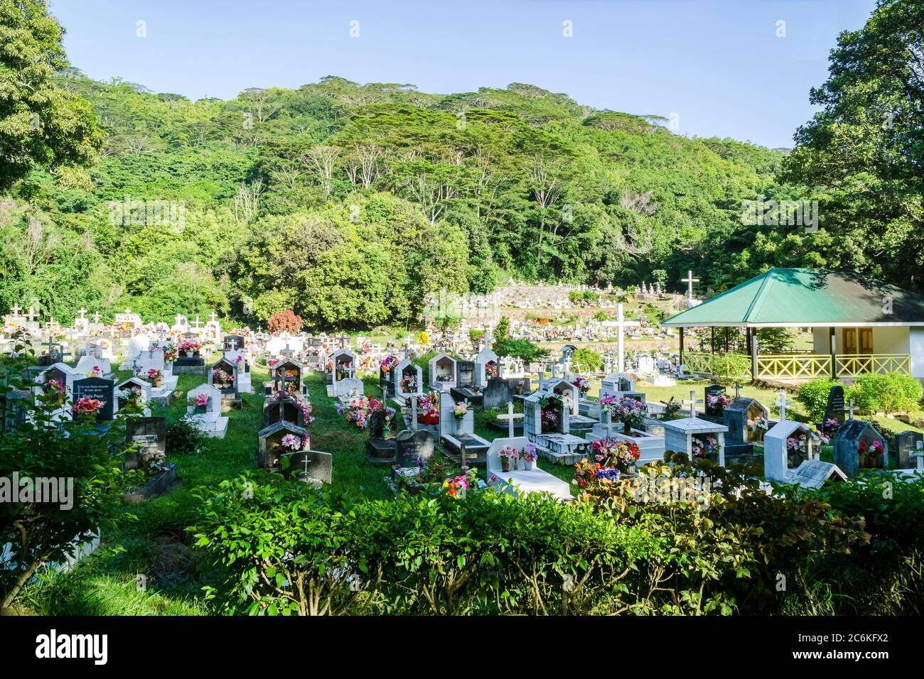 Tropical christian cemetery on La Digue island, Seychelles Stock Photo ...