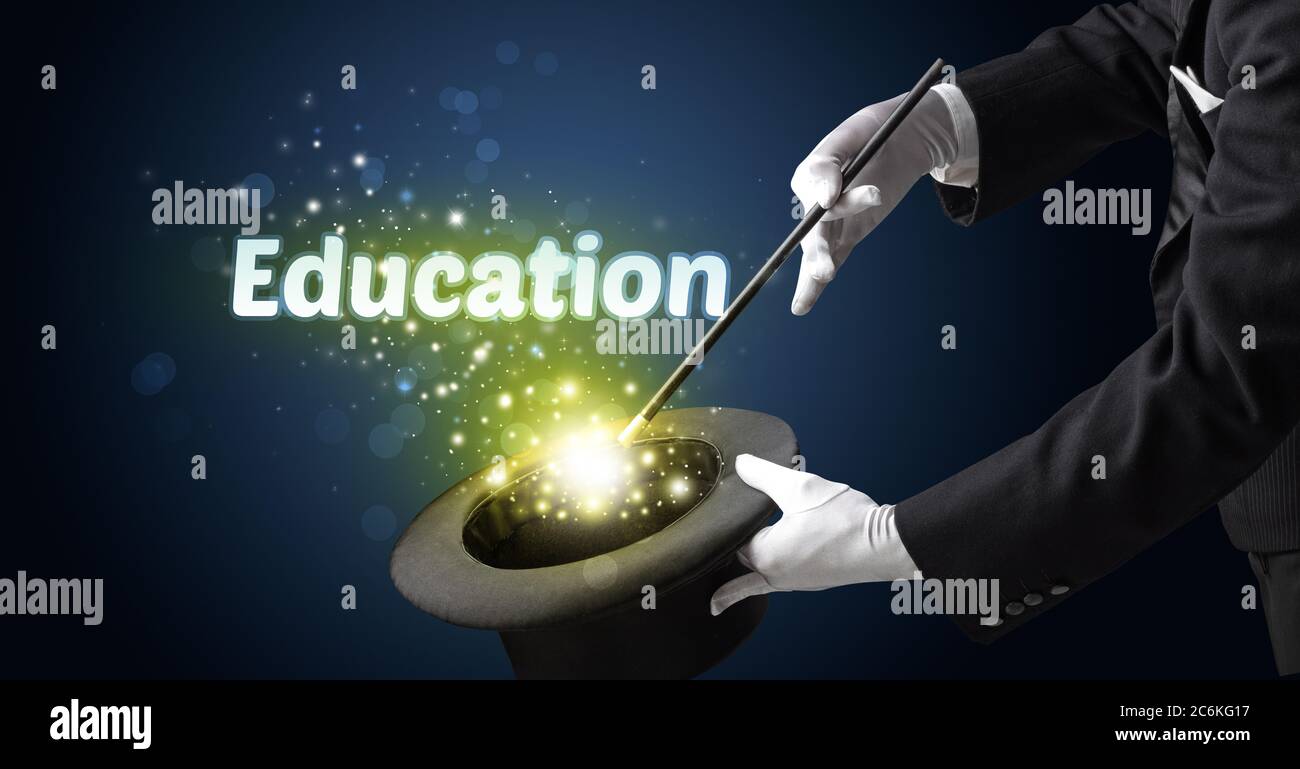 Magician is showing magic trick with Education inscription, educational ...