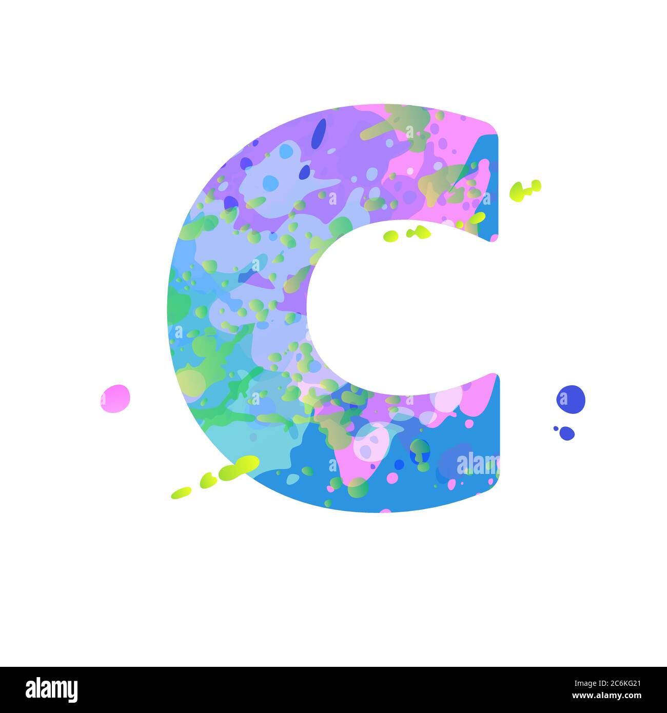Bold letter C with effect of liquid spots of paint in blue, green, pink ...