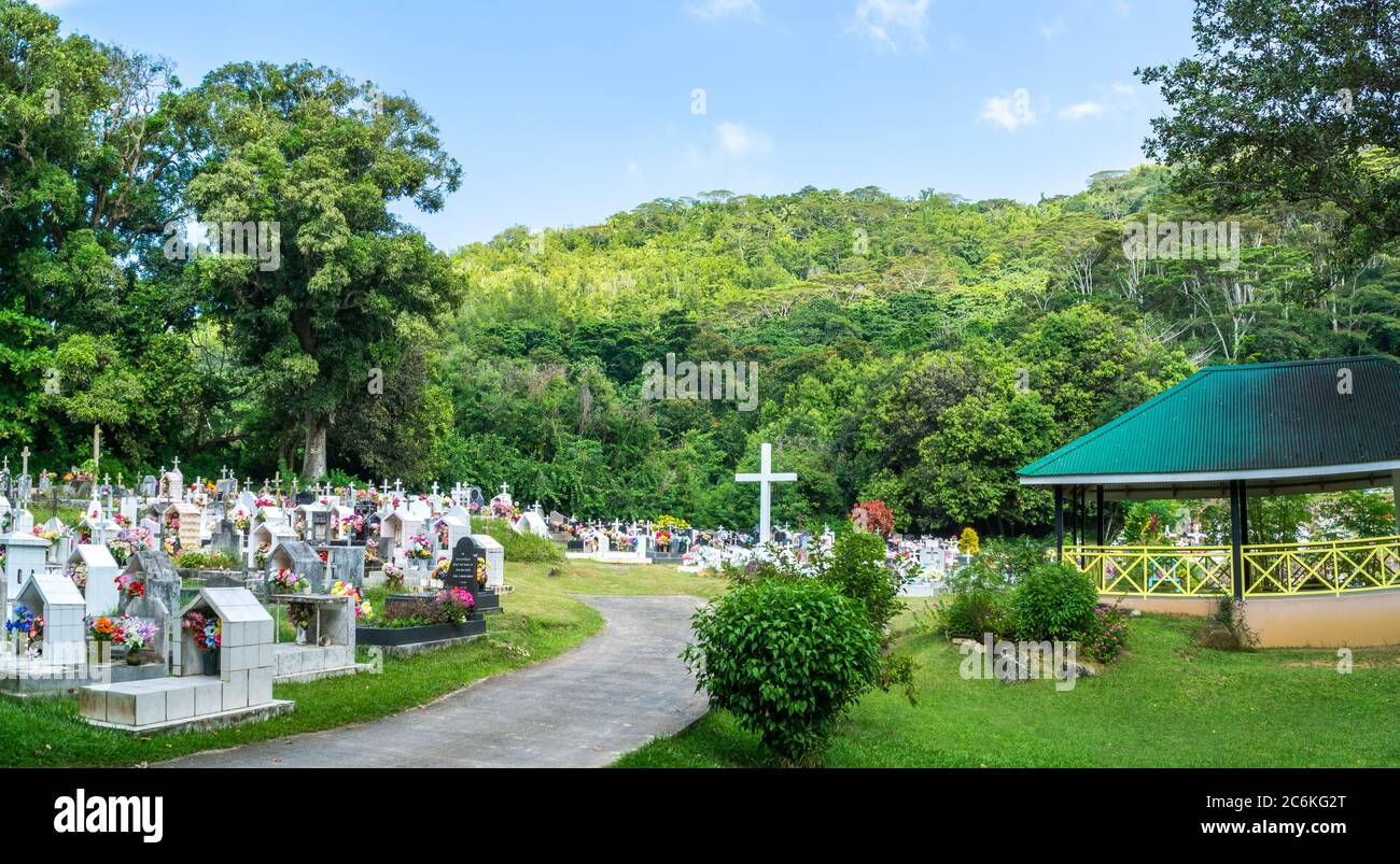 Tropical christian cemetery on La Digue island, Seychelles Stock Photo ...