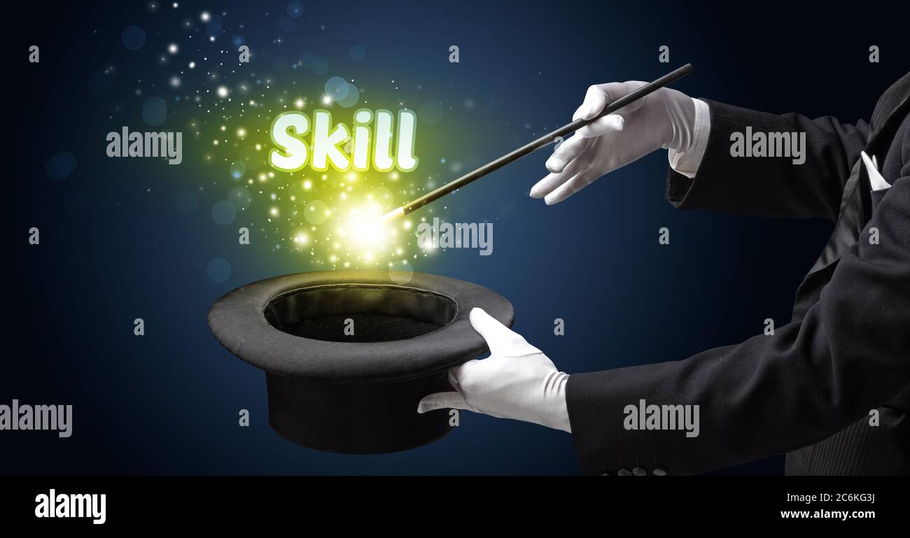 Magician is showing magic trick with Skill inscription, educational ...