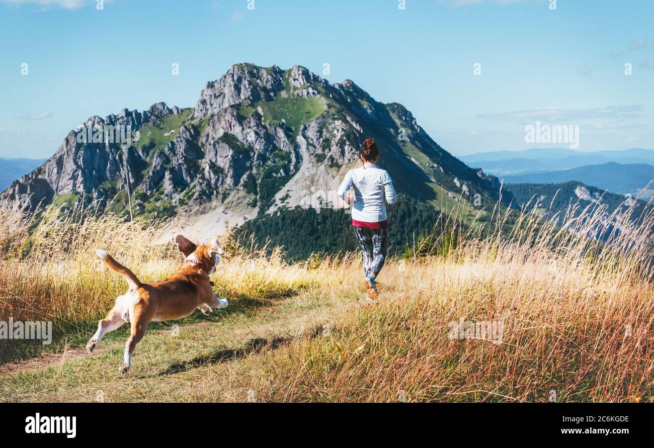 Female running by the mounting range path with her beagle dog back view ...