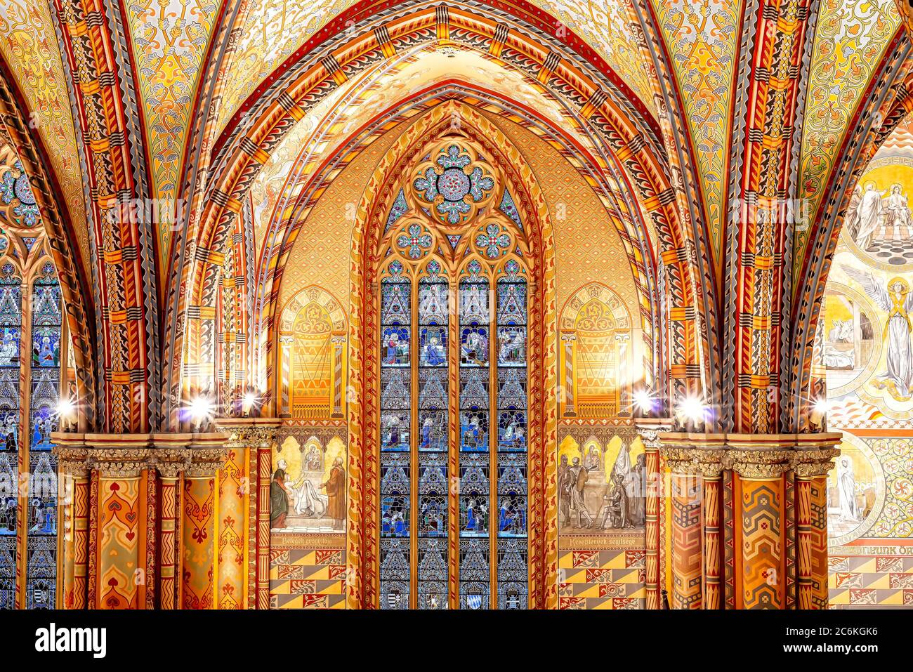 Budapest, Hungary - October 28, 2019: Stained glass window of the ...