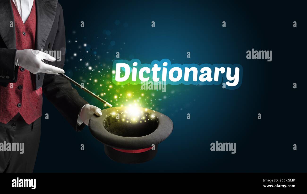 Magician is showing magic trick with Dictionary inscription ...