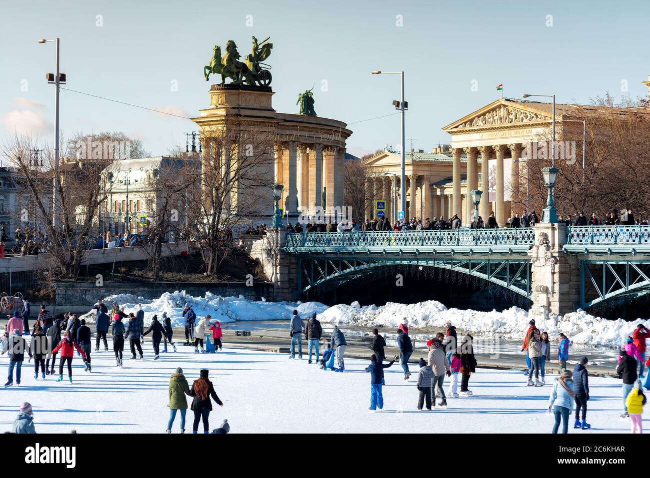 Budapest, Hungary - December 29, 2018: People having fun on ice rink ...