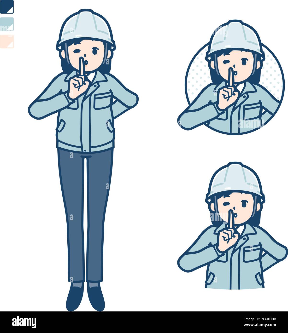 A woman wearing workwear with be quiet hand sign images. It's vector ...