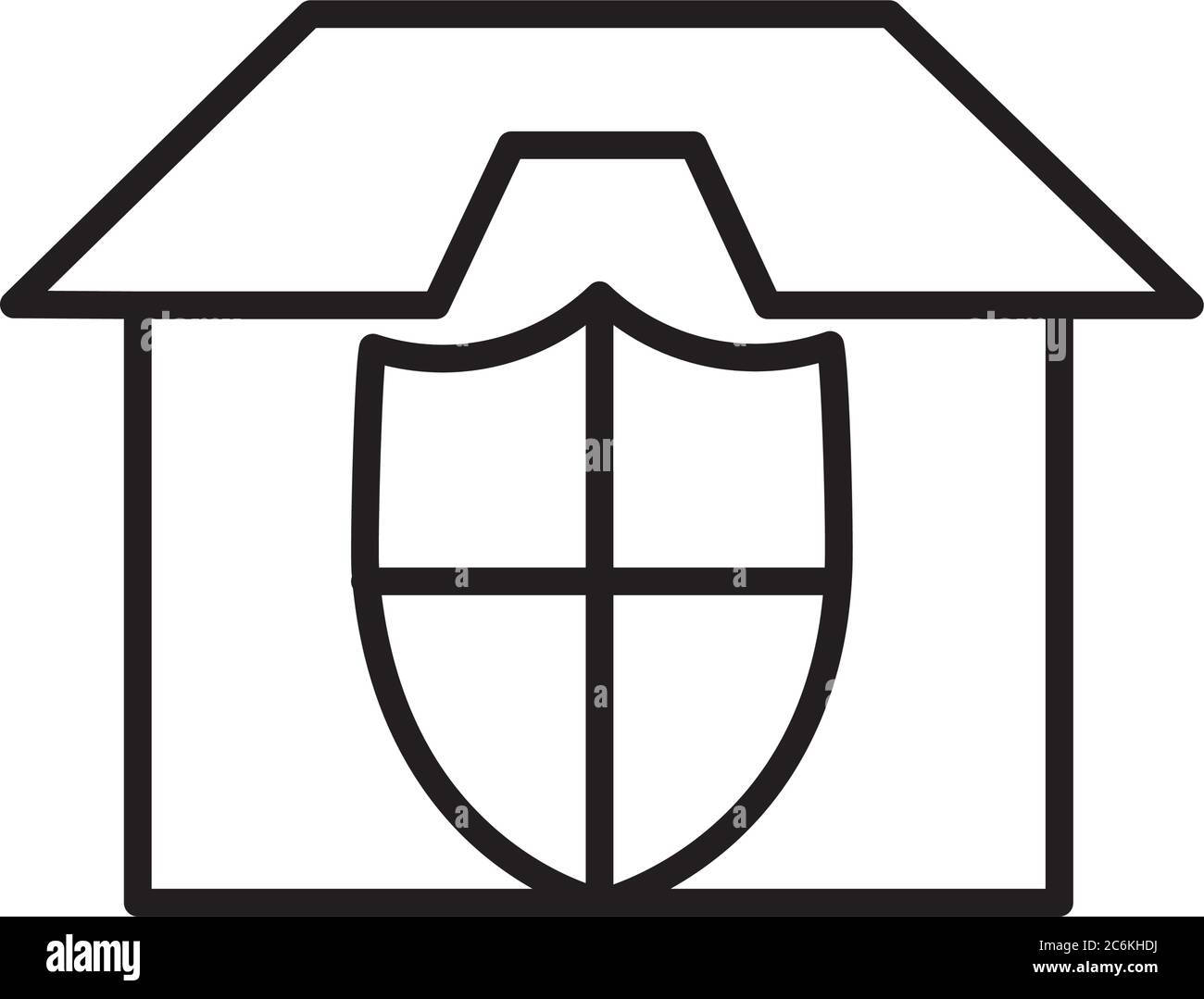 house with security shield icon over white background, line style ...