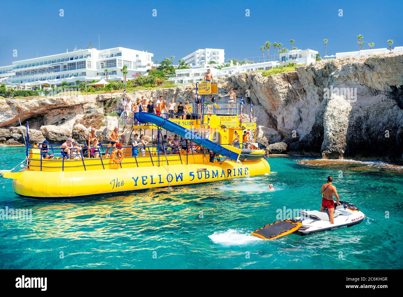 Ayia Napa Cyprus August 12 2019 Yellow Pleaseure Boat Full Of Tourists Along The Coast Of