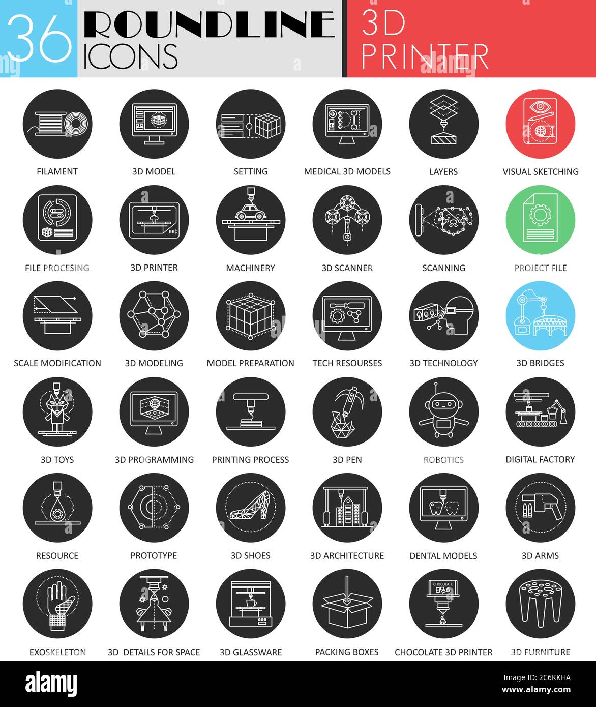 Vector 3D printing modeling circle white black icon set. Modern line ... Vector 3D printing modeling circle white black icon set. Modern line ...