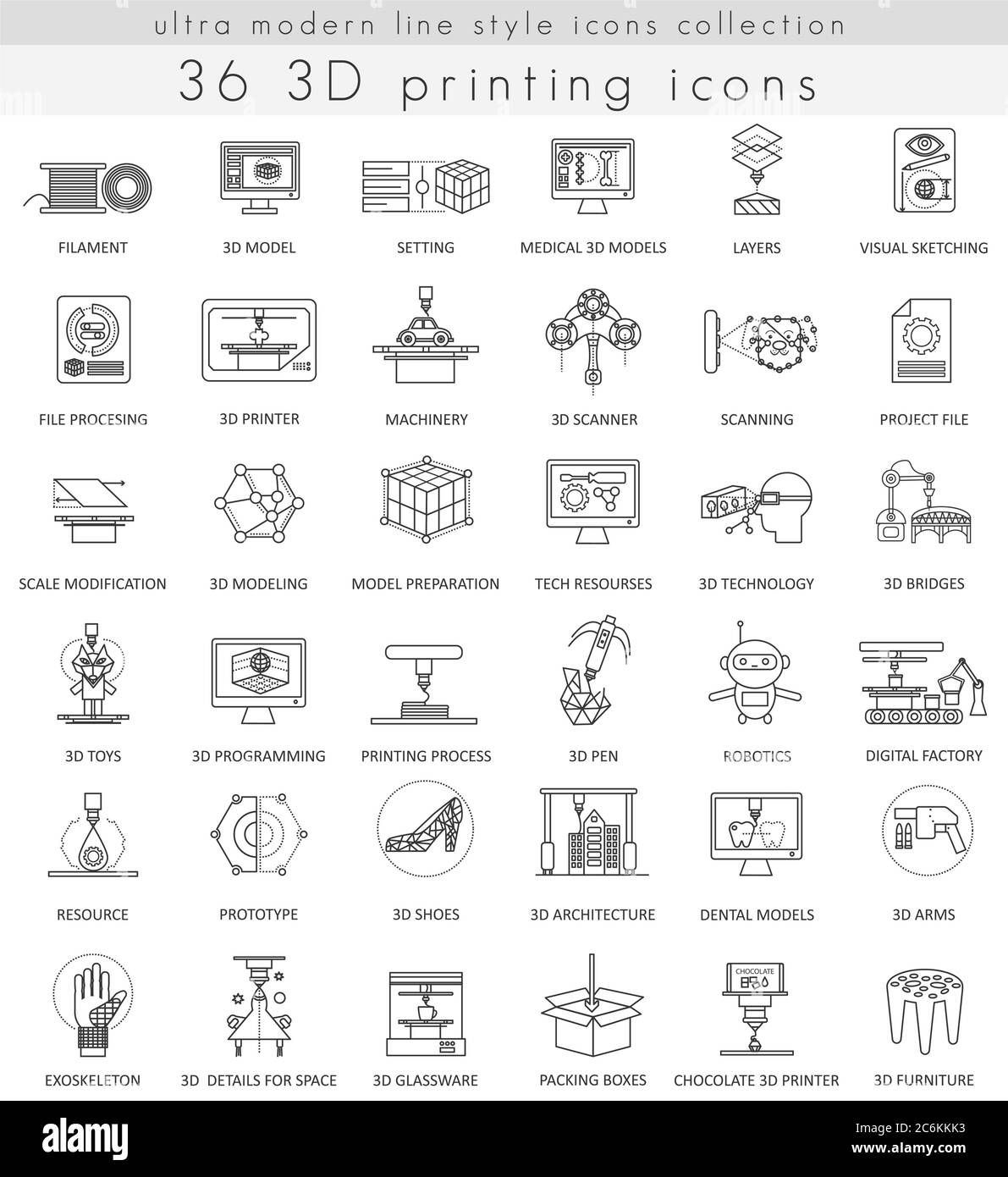 Vector 3D printing modeling ultra modern outline line icons for web and ... Vector 3D printing modeling ultra modern outline line icons for web and ...