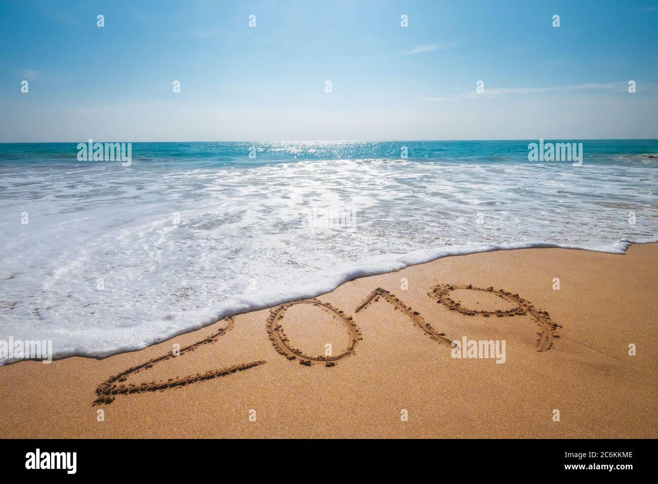 Old Year 2019 expires concept sandy tropical ocean beach lettering and ...