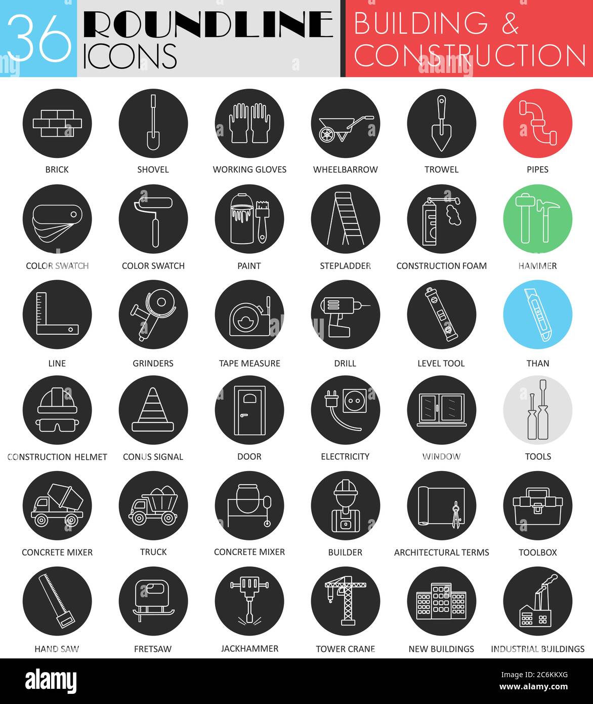 Vector building and construction circle white black icon set. Modern ...