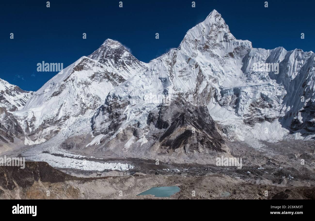 Day panoramic view of mountains: Mount Everest 8848m, Nuptse 7861m ...