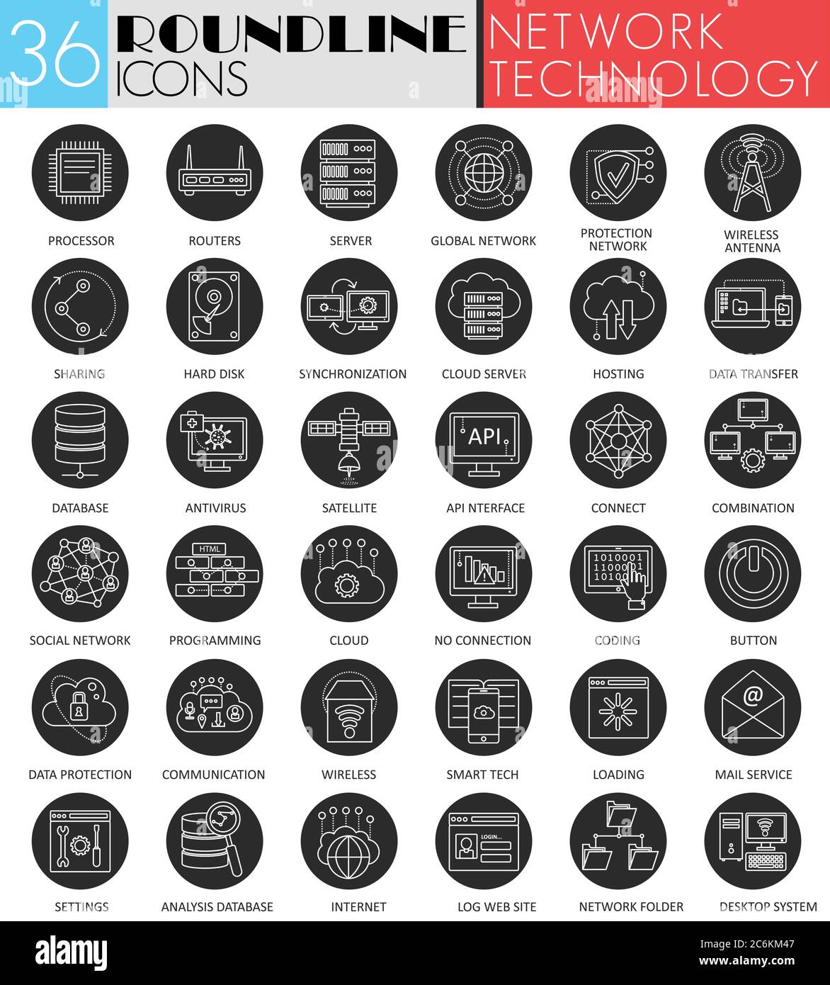 Vector network technology circle white black icon set. Modern line ...