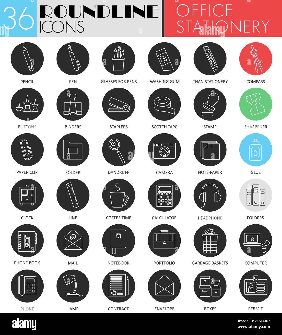 Vector Office stationery circle white black icon set. Modern line black ...