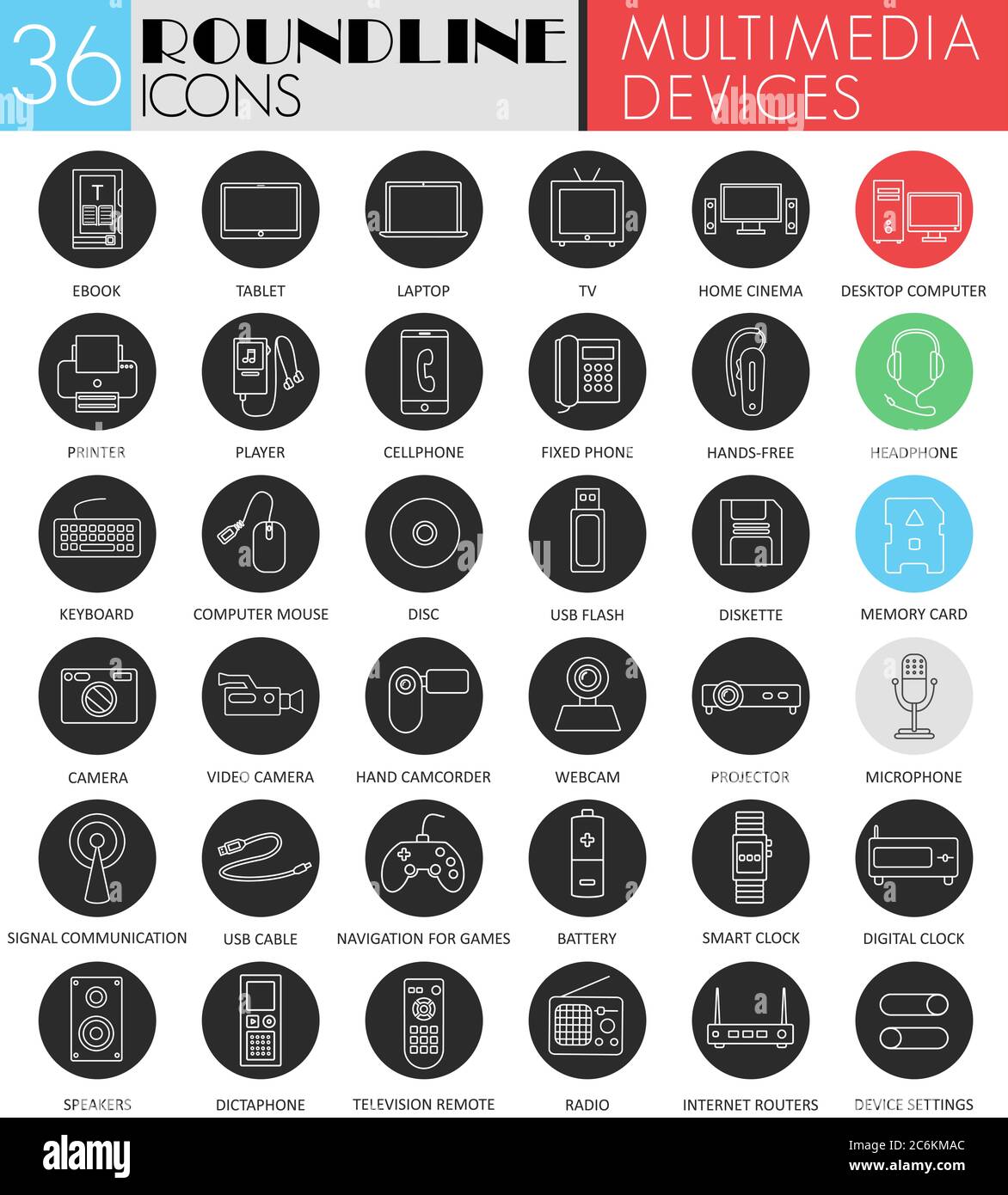 Vector Multimedia devices circle white black icon set. Modern line ...