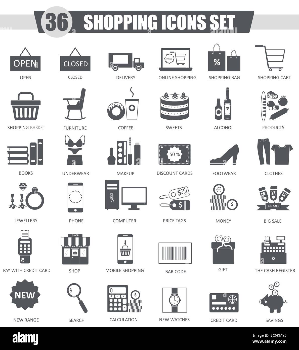 Vector finance Shopping e-commerce black icon set. Dark grey classic ...