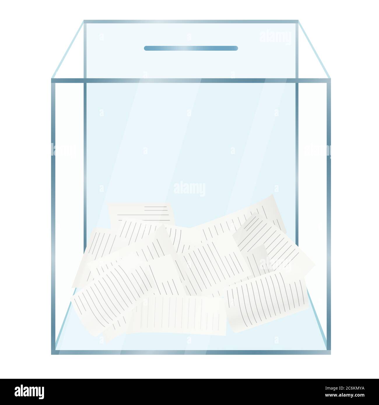 Realistic modern glass transparent ballot box with voting papers inside ...