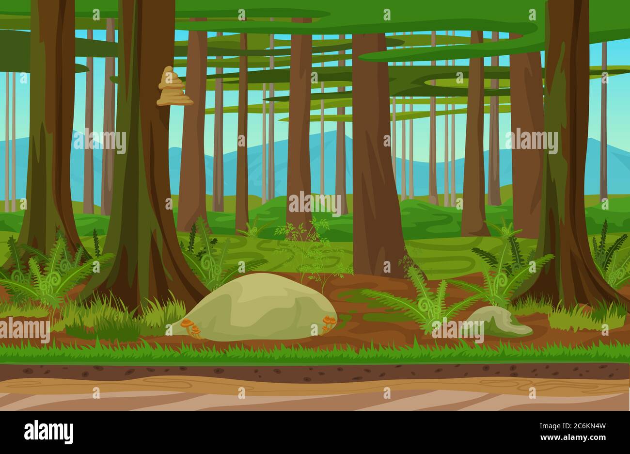 Cartoon classic forest woods landscape with trees, grass and stones ...