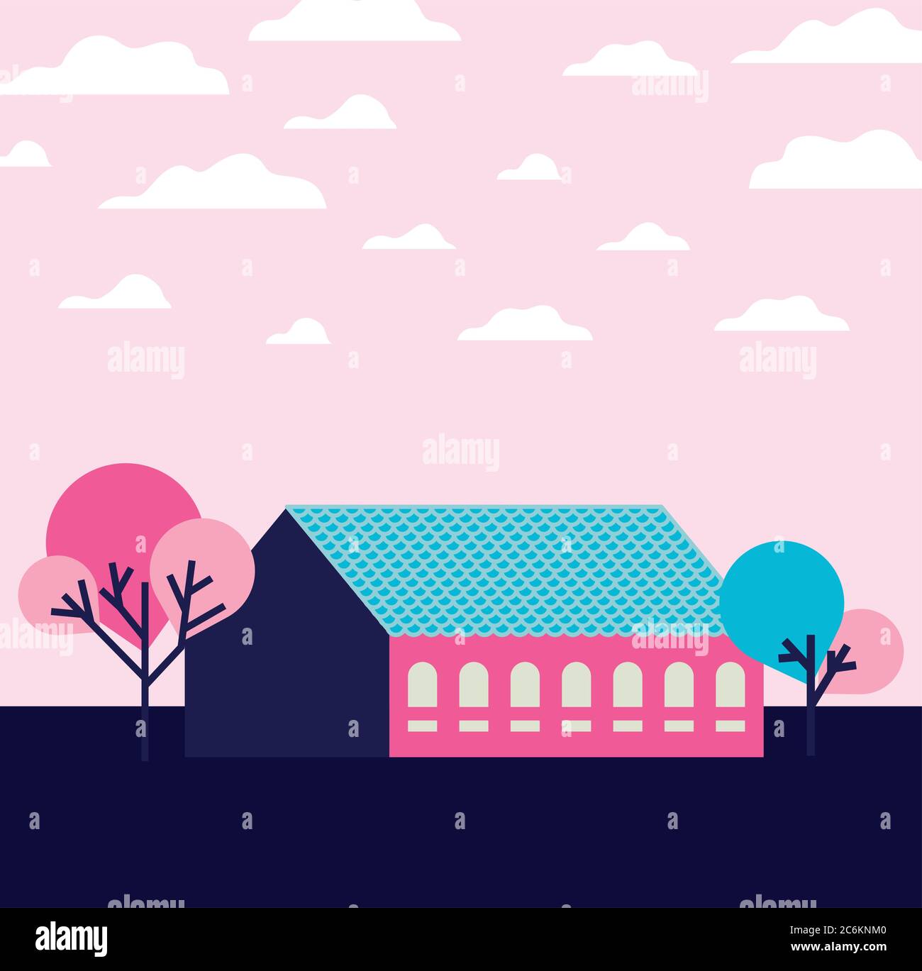 pink city building landscape with clouds and trees design, Abstract ...