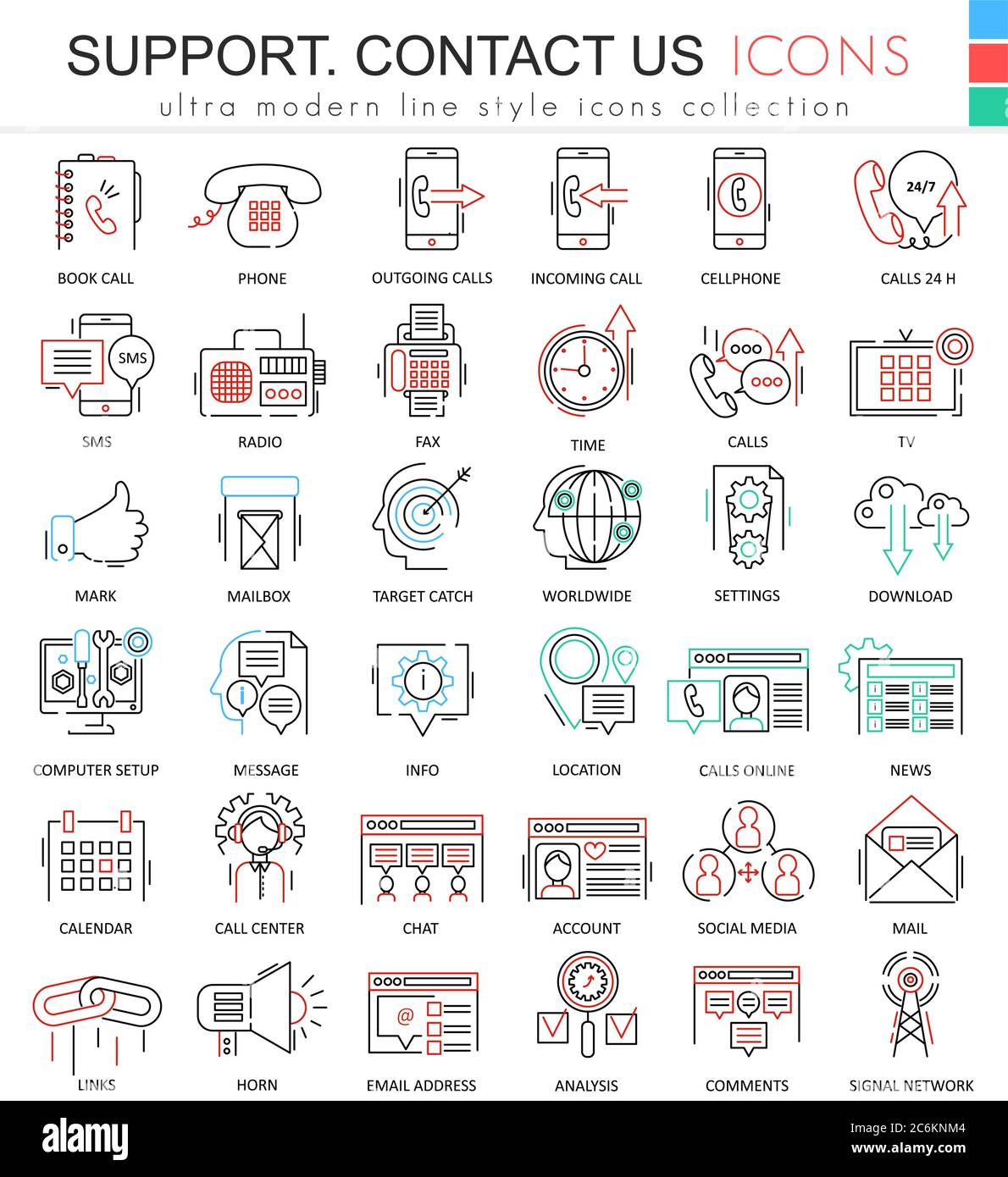 Vector contact us support modern color flat line outline icons for apps ...