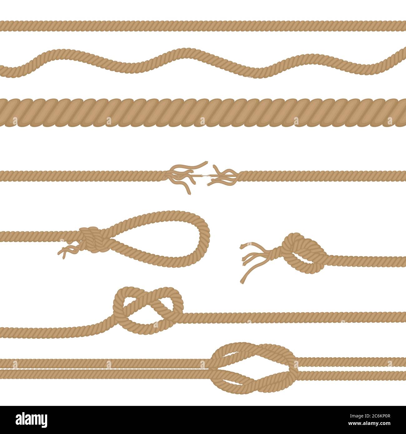 Set of realistic vector brown ropes and knots brushes isolated Stock ...