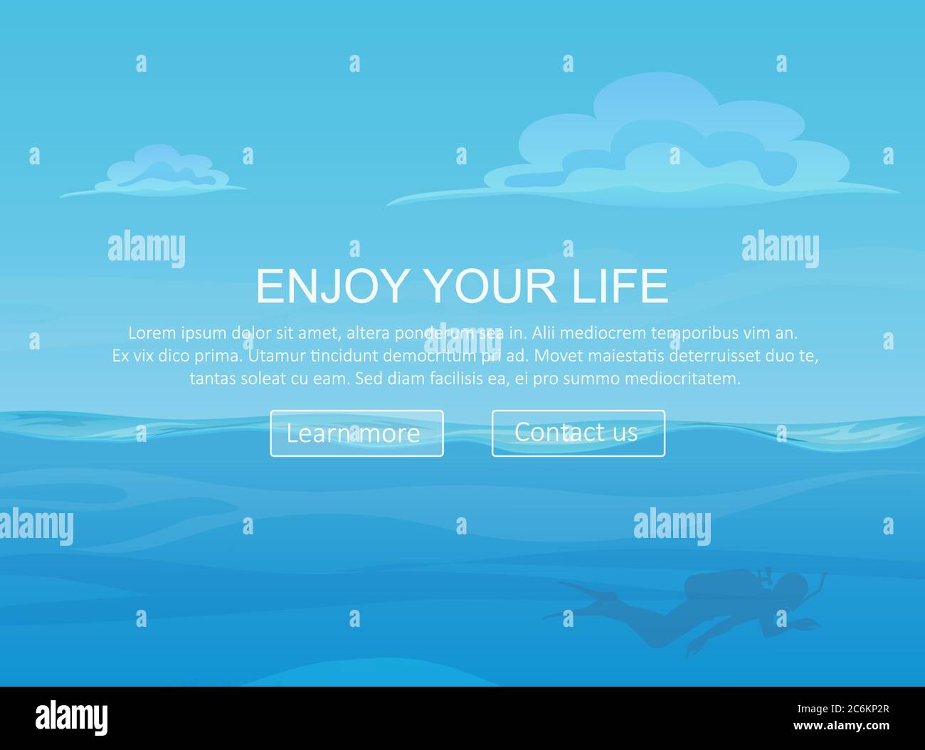 Water ocean sea landscape with sky and clouds and diver silhouette ...