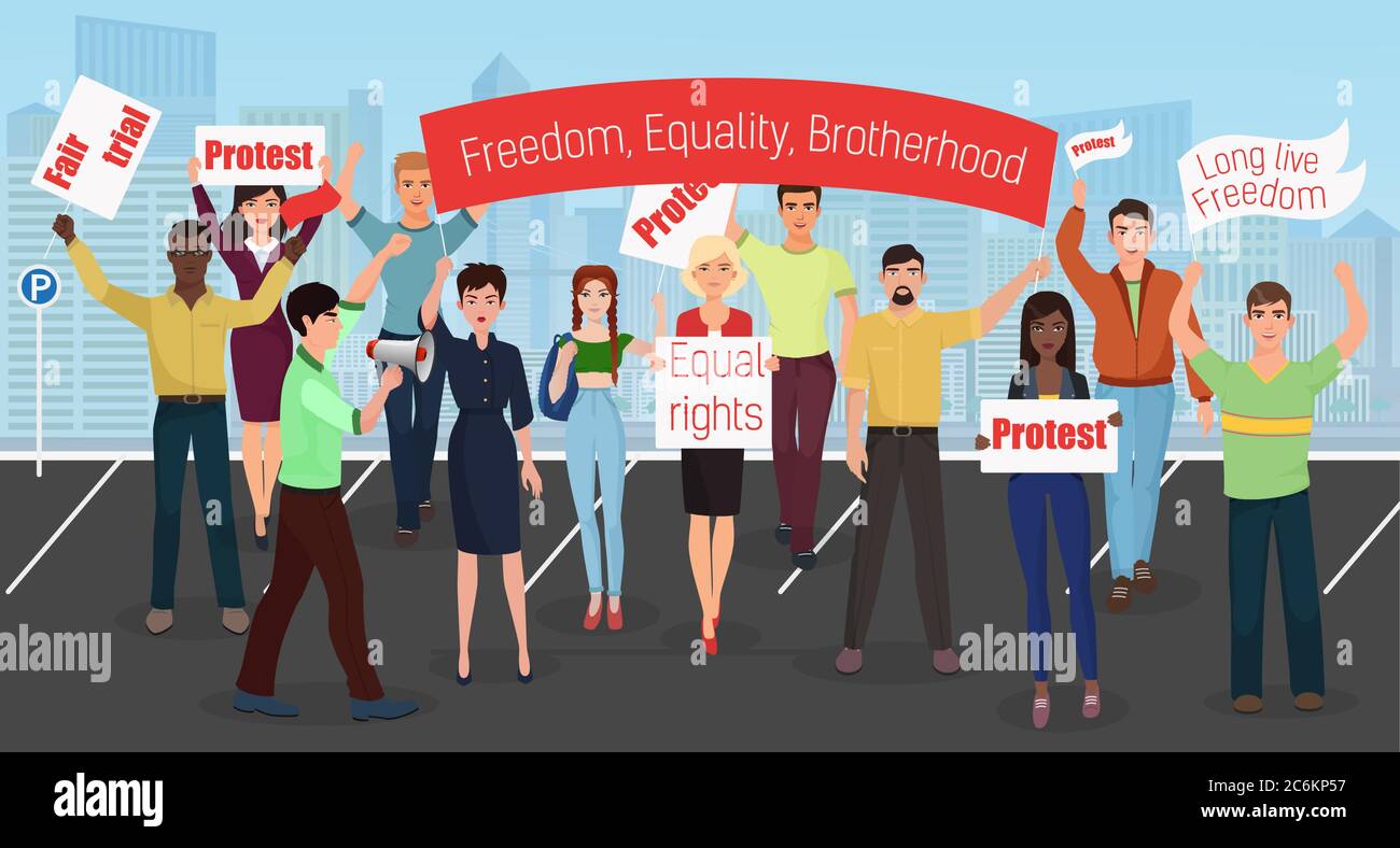 Protest People with placards megaphones on demonstration. Crowd ...