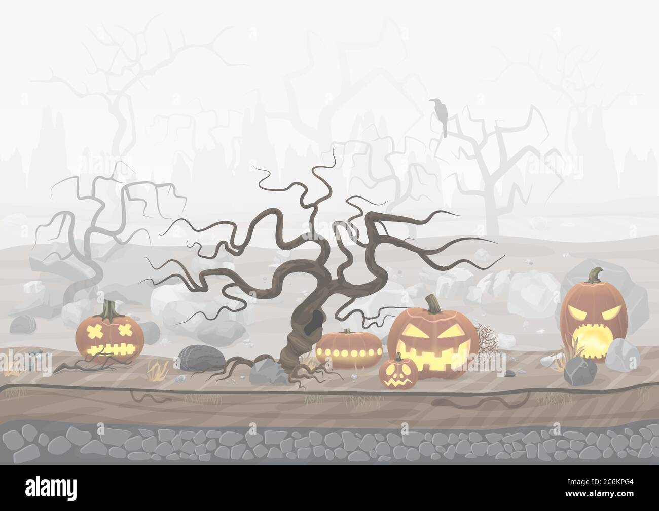 Fog day scary horror halloween background with pumpkins and trees Stock ...
