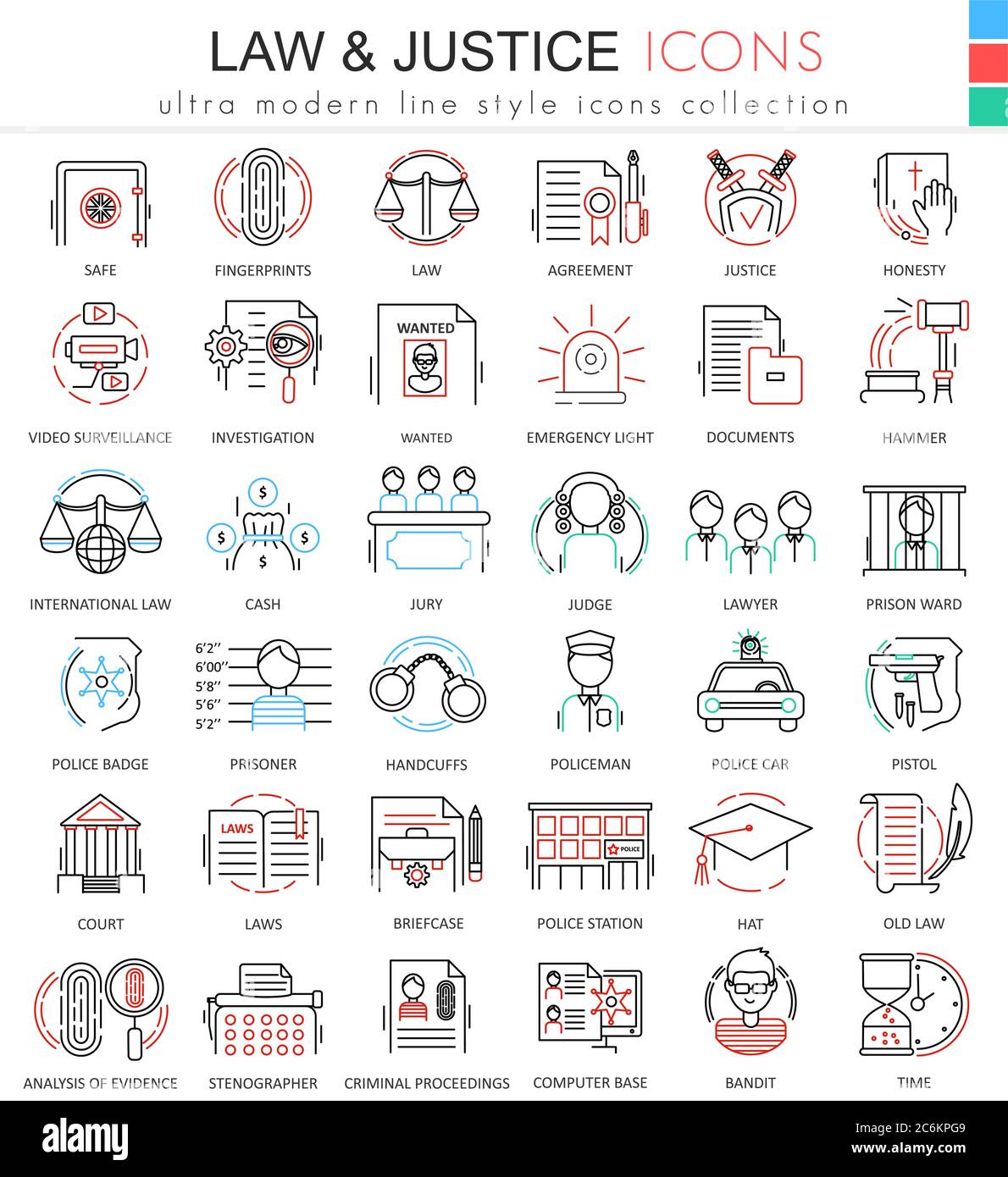 Vector Law and justice ultra modern color outline line icons for apps ...