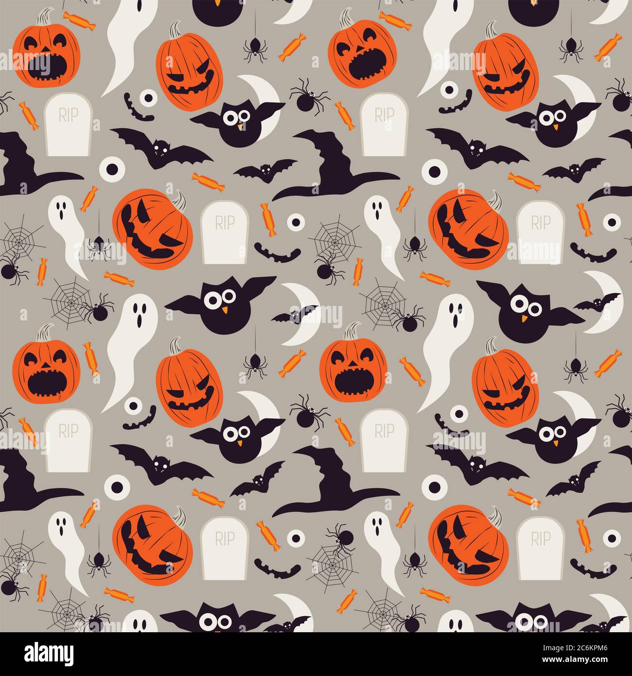 Seamless cartoon Halloween pattern. Halloween ghosts, bats and pumpkin ...