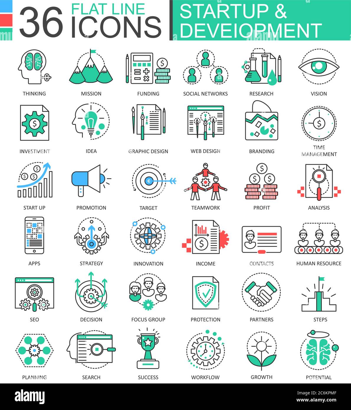 Vector Startup and development modern color flat line outline icons for ...
