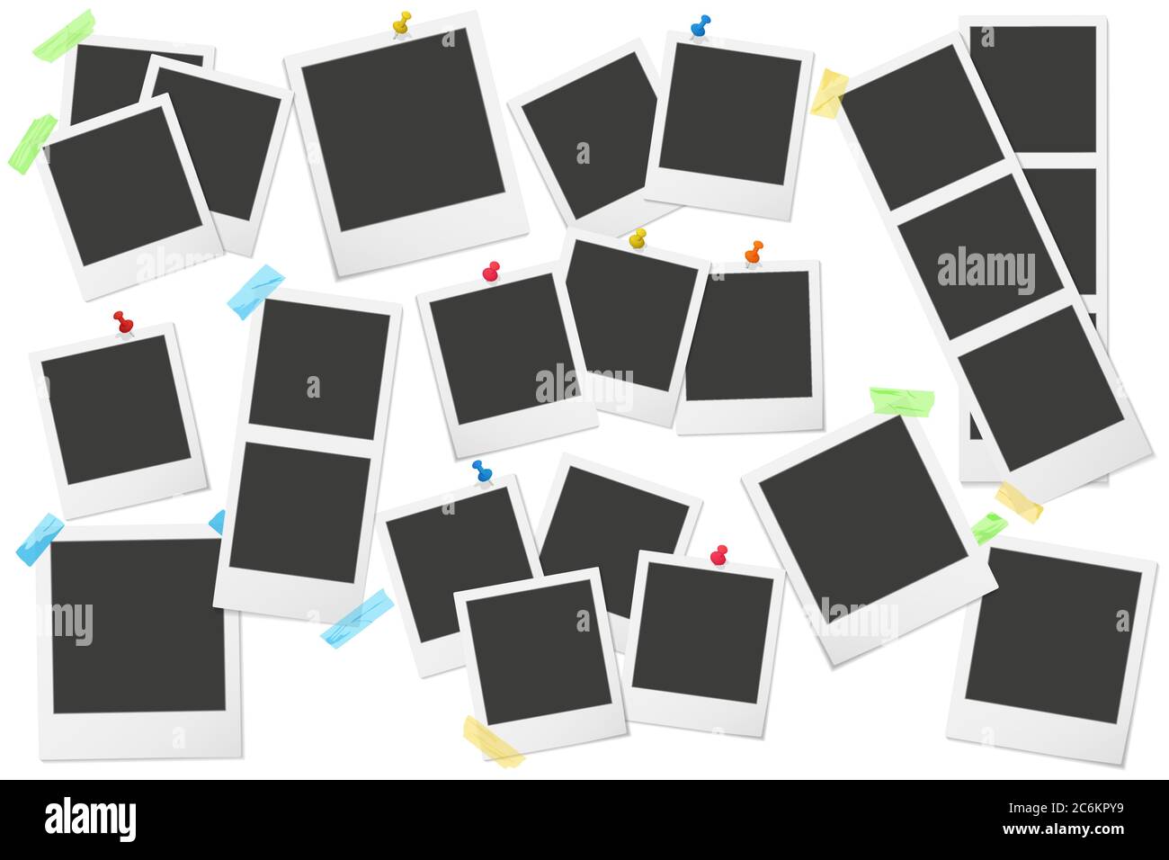 Realistic vector photo frame with on sticky tape and pins collection ...