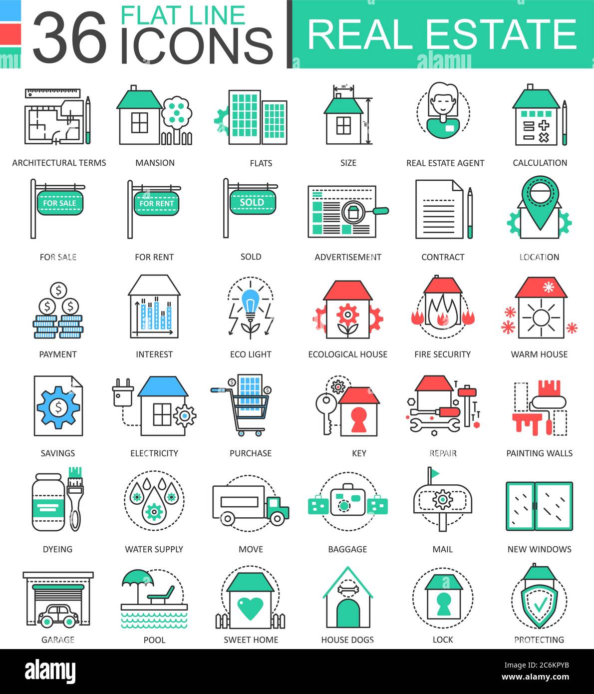 Vector Real estates modern color flat line outline icons for apps and ...