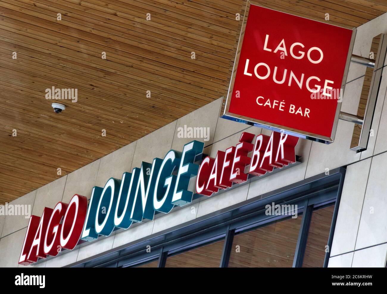 Rushden, UK. 9th July, 2020. Lago Lounge Cafe Bar logo seen at one of ...