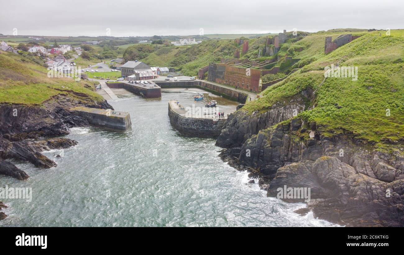 Aerial view of Entrance of Porthgain fishing Harbour, Pembrokeshire ...