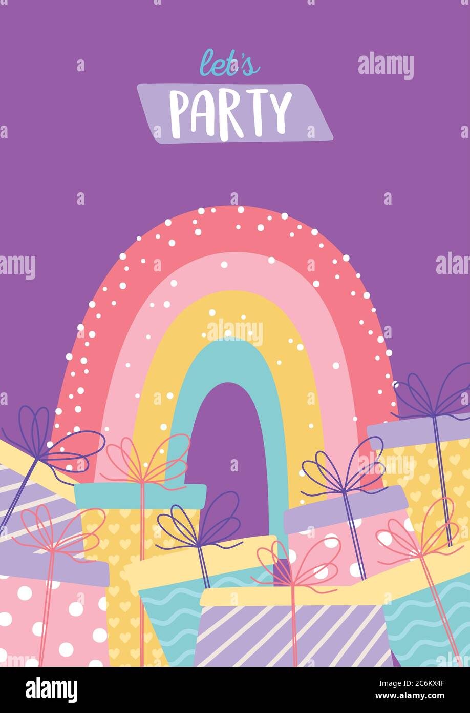 happy birthday, gift boxes and rainbow party decoration celebration ...