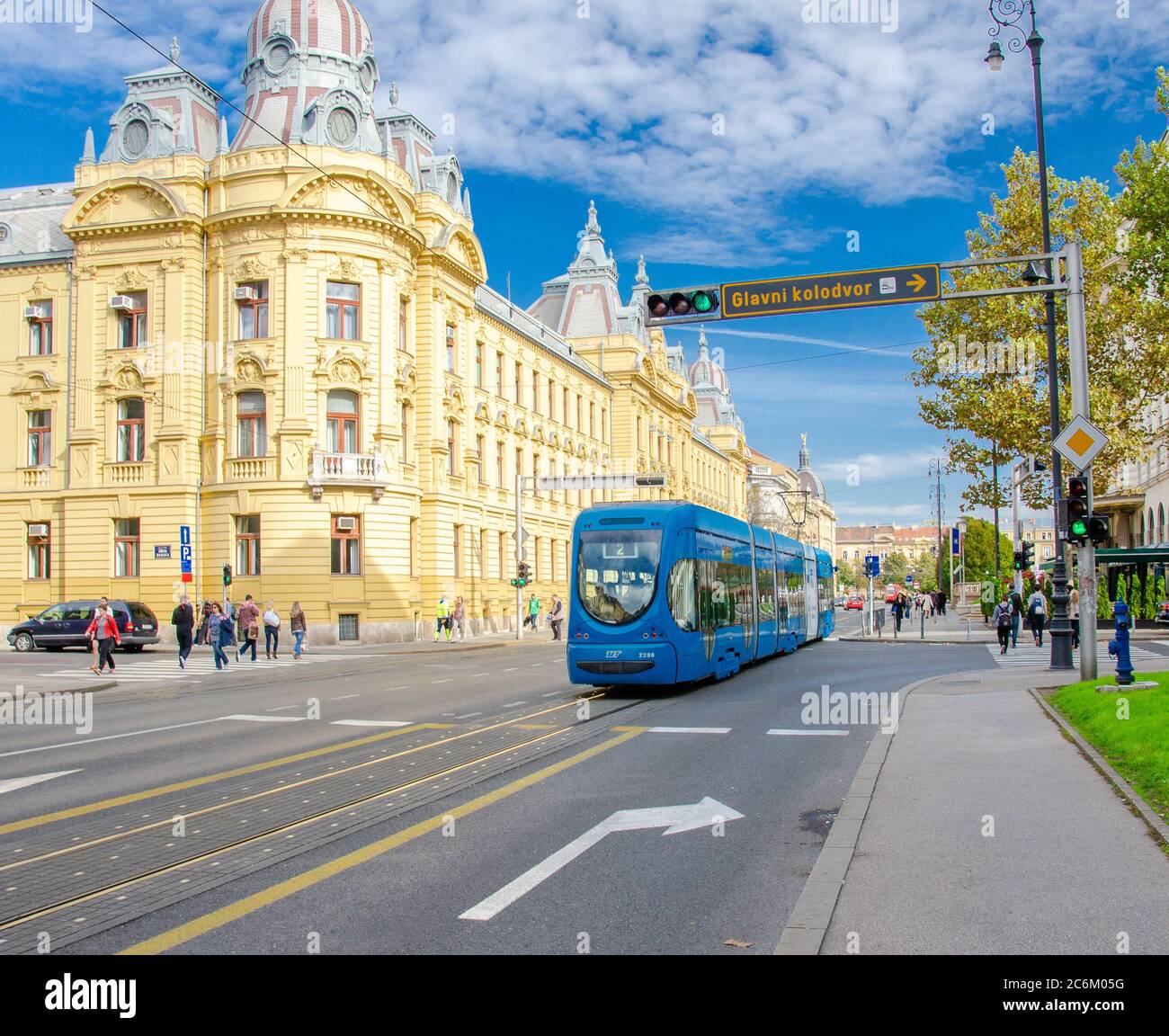 Famous blue Tram in the city center with local people, Zagreb, Croatia ...